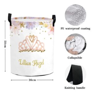 Personalized Laundry Baskets Bin,Princess Crown Floral Laundry Hamper with Handles,Waterproof Clothes Hamper, Laundry Bin, Clothes Storage Basket for Bedroom, Bathroom, College Dorm 50L