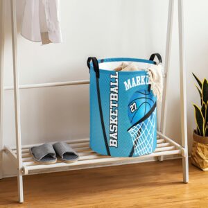 Custom Laundry Hamper,Basketball Blue Laundry Basket Round Clothes Storage Basket for Bedroom, 14.17x19.68 in