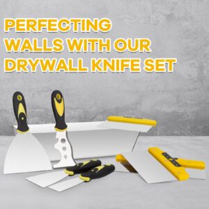 Tanzfrosch Drywall Knife Set, 8Pcs Stainless Steel Drywall Hand Tools Kit Includes Putty Knife Set, Taping Knives, Painter Scraper and 12" Mud Pan Finishing tools for Drywall Work