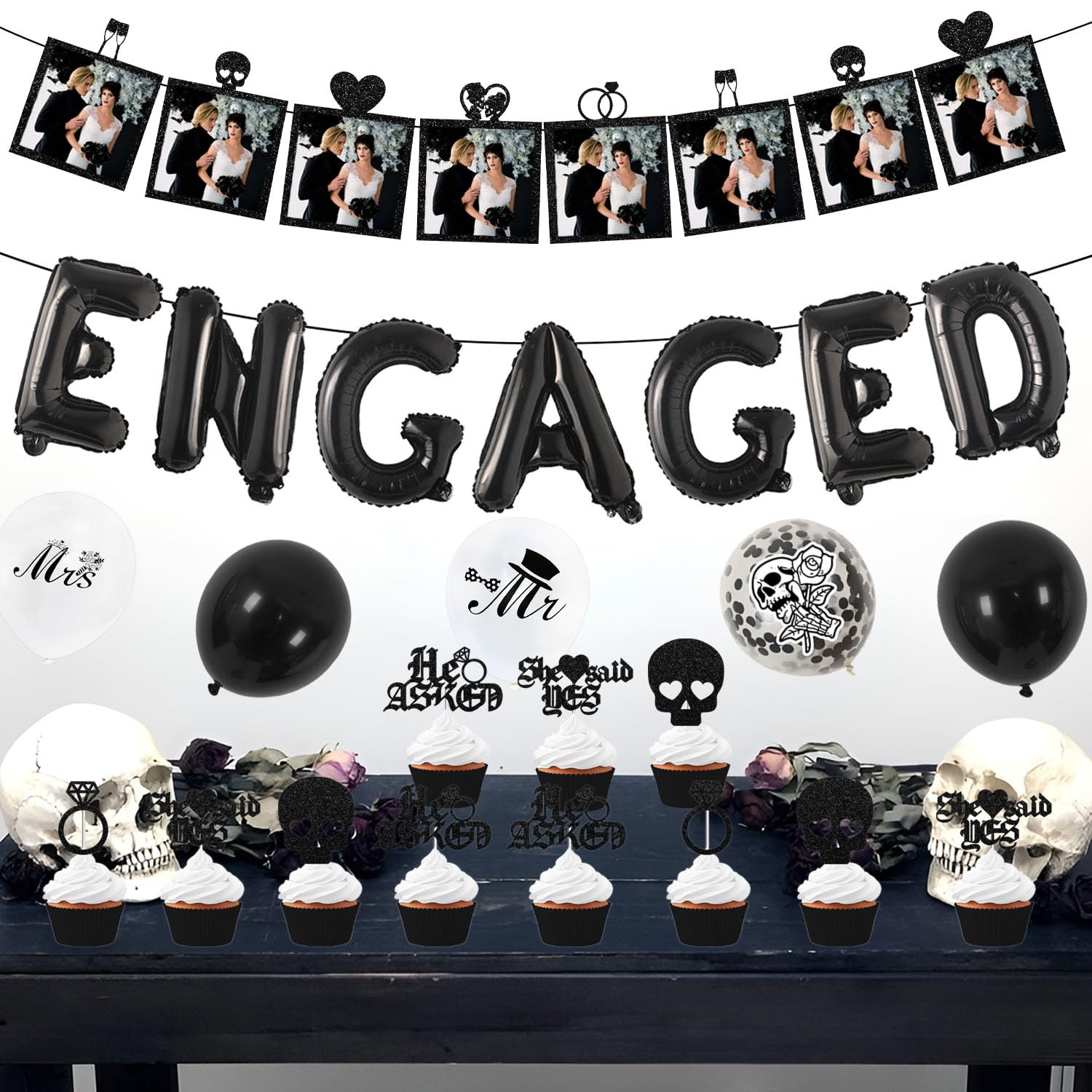 Gothic Engagement Party Decorations Glitter Skull Diamond Ring Photo Banner He Asked She Said Yes Cupcake Toppers Black Engaged Balloon Banner for Wedding Engagement Bridal Shower Party Supplies