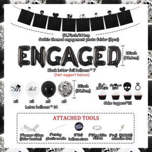 Gothic Engagement Party Decorations Glitter Skull Diamond Ring Photo Banner He Asked She Said Yes Cupcake Toppers Black Engaged Balloon Banner for Wedding Engagement Bridal Shower Party Supplies