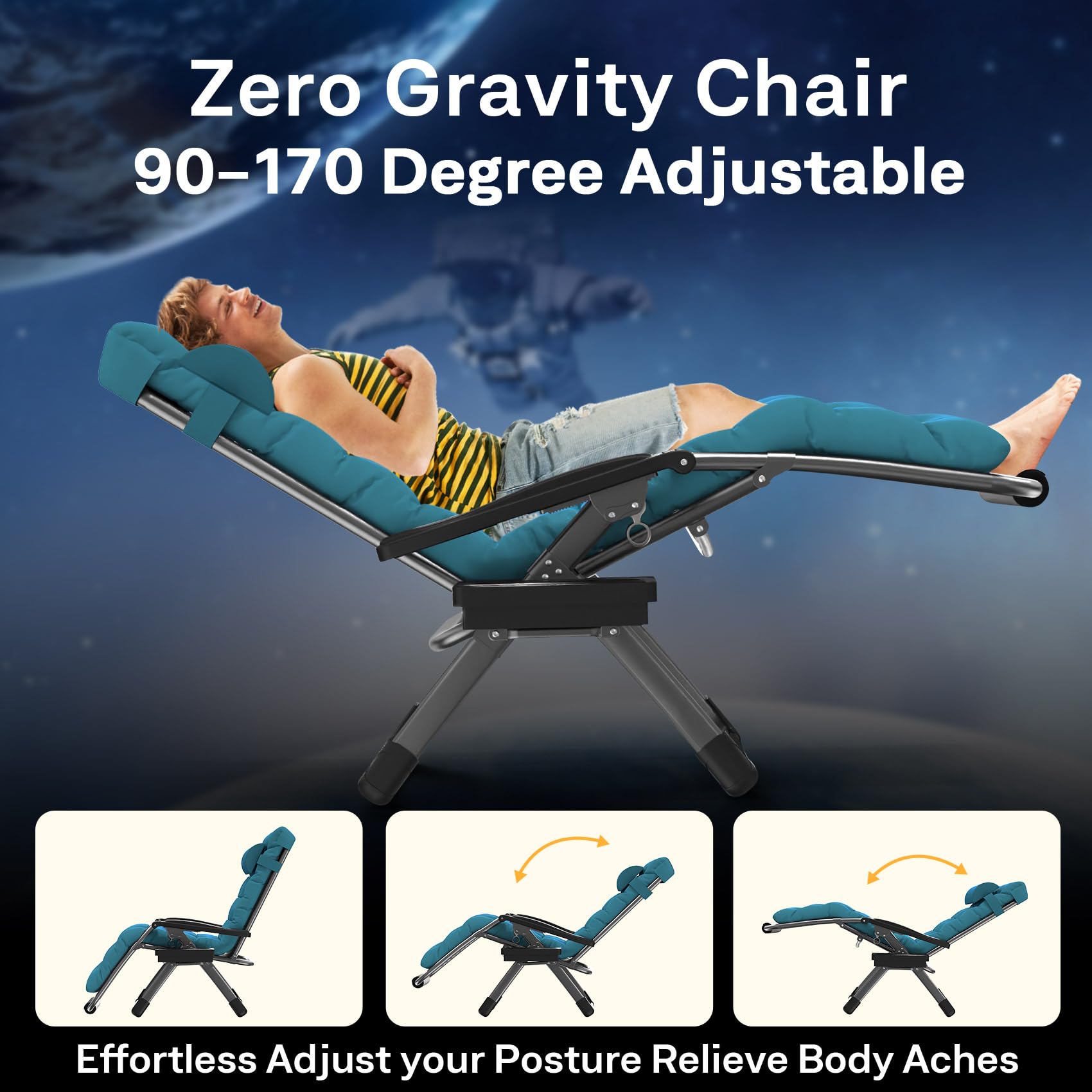 Slendor Oversized Zero Gravity Chairs XL, 29IN Padded Anti Gravity Chair, Zero Gravity Lounge Chair, Folding Reclining Patio Chair w/Aluminum Alloy Lock, Headrest, Cup Holder, Light Blue