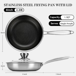 Stainless Steel Frying Pan with Lid, 8 Inch Honeycomb Non Stick Frying Pan, Small Stainless Steel Non Stick Pans W/Lid, Safe Nonstick Skillet Egg Omelete Pan, Oven Safe, Induction Compatible,PFOA Free