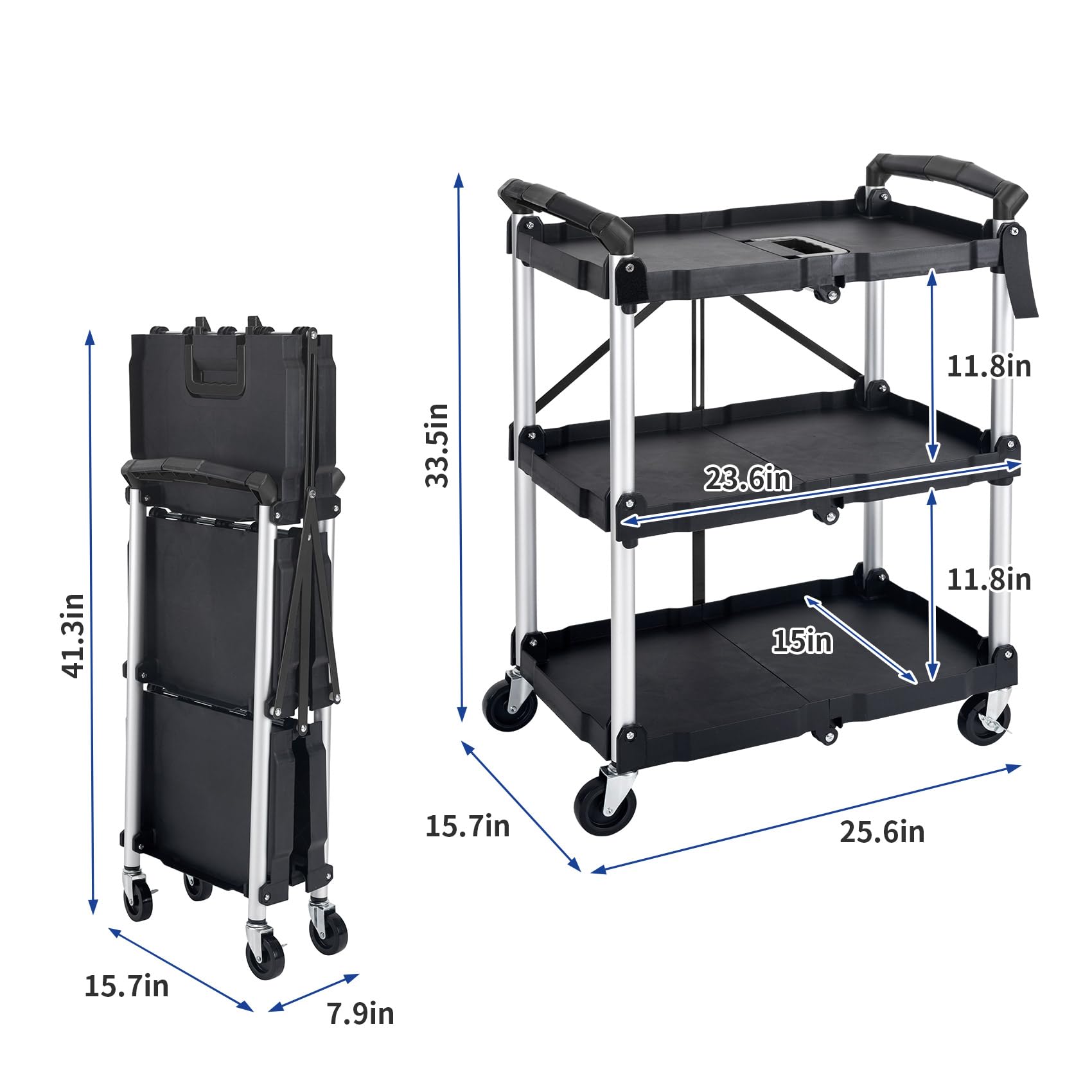 UNICOO Foldable Plastic Utility Cart, Heavy Duty, 3-Tier Rolling Service Cart with Lockable & Silent Wheels, Anti-Rust & Easy Clean for Restaurant, Office, Garage & More, 25.6x15.7x33.5 (Black)