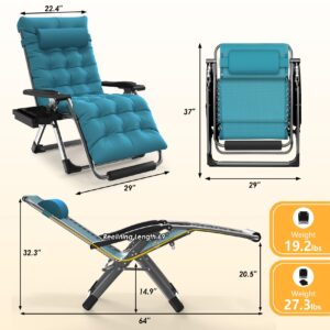 Slendor Oversized Zero Gravity Chairs XL, 29IN Padded Anti Gravity Chair, Zero Gravity Lounge Chair, Folding Reclining Patio Chair w/Aluminum Alloy Lock, Headrest, Cup Holder, Light Blue