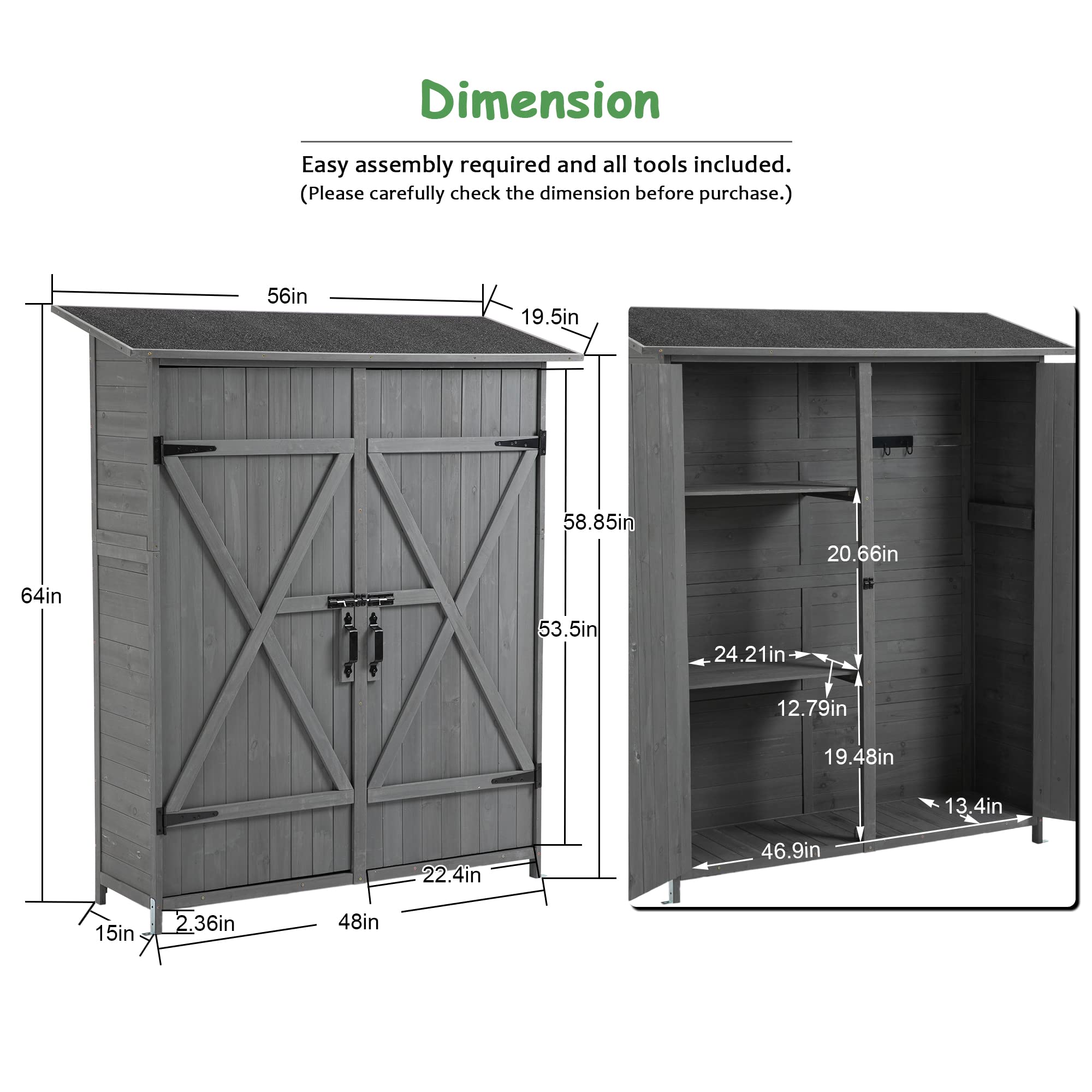 Tmsan Outdoor Storage Cabinet, Outside Wood Shed with Waterproof Roof & Detachable Shelves & Double Locks, Vertical Tool Storage Box for Patio, Garden, Backyard, Grey