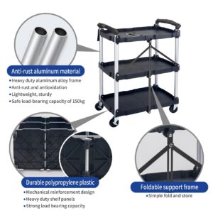 UNICOO Foldable Plastic Utility Cart, Heavy Duty, 3-Tier Rolling Service Cart with Lockable & Silent Wheels, Anti-Rust & Easy Clean for Restaurant, Office, Garage & More, 25.6x15.7x33.5 (Black)