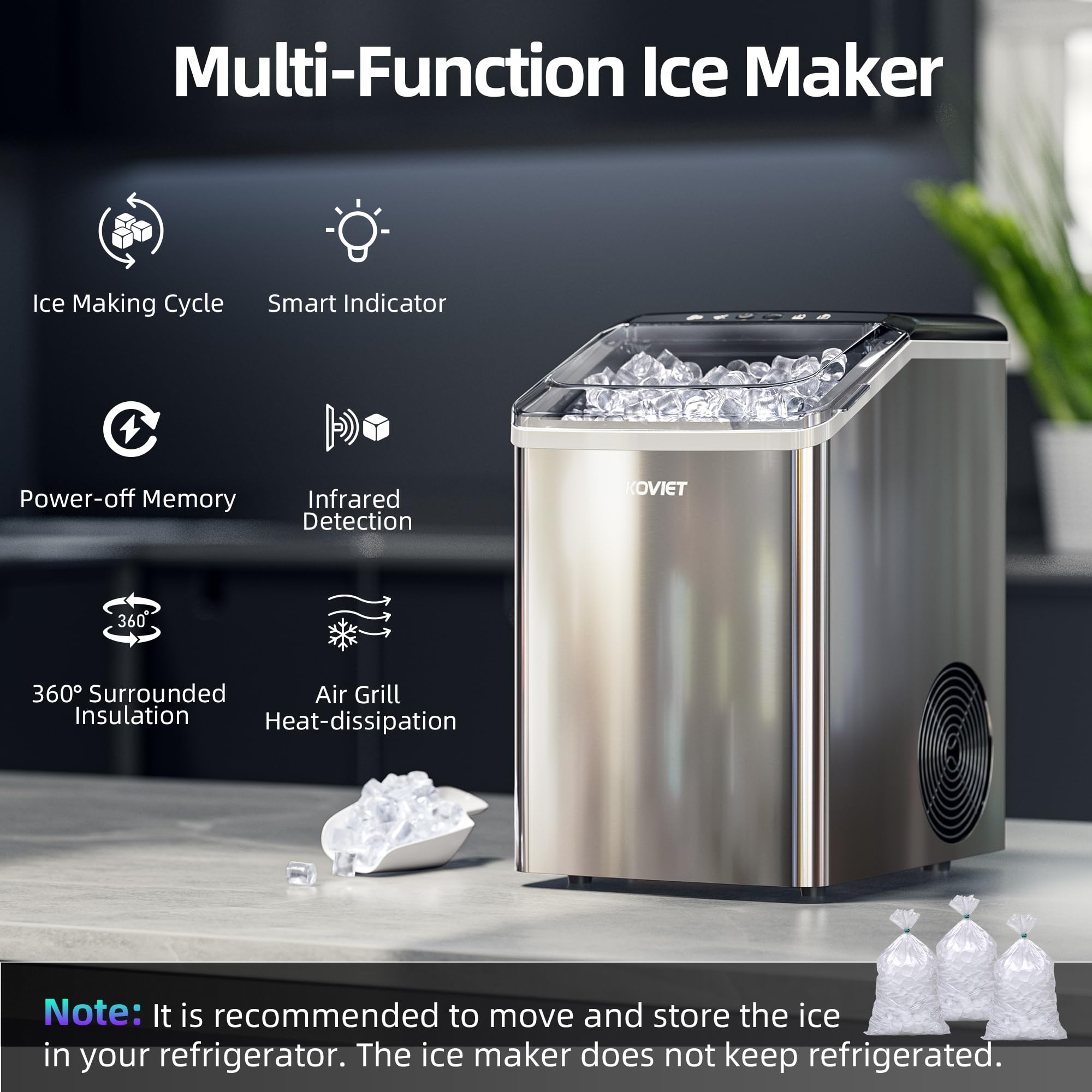 KOVIET Nugget Ice Maker Countertop, 40lbs/24H Tooth-Friendly Soft Chewable Pebble Ice Machine, Self-Cleaning with Drainpipe, Crushed Pellet Ice Makers for Home Kitchen Party, Stainless Steel