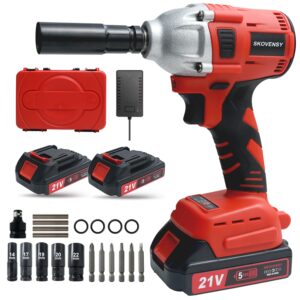 skovensy cordless impact wrench 258ft-lb（350n.m）, 1/2 impact gun, 2 batteries, pistola de impacto, with 5 sockets, electric impact driver for car tires and home red