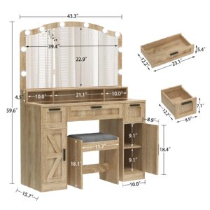 usikey Farmhouse Vanity Desk with Large Lighted Mirror and 10 Lights, 43.3" Glass Tabletop Makeup Vanity with 3 Drawers, Large Vanity Tabel Set with Long Storage Shelf, 2 Cabinets and Stool, Maple