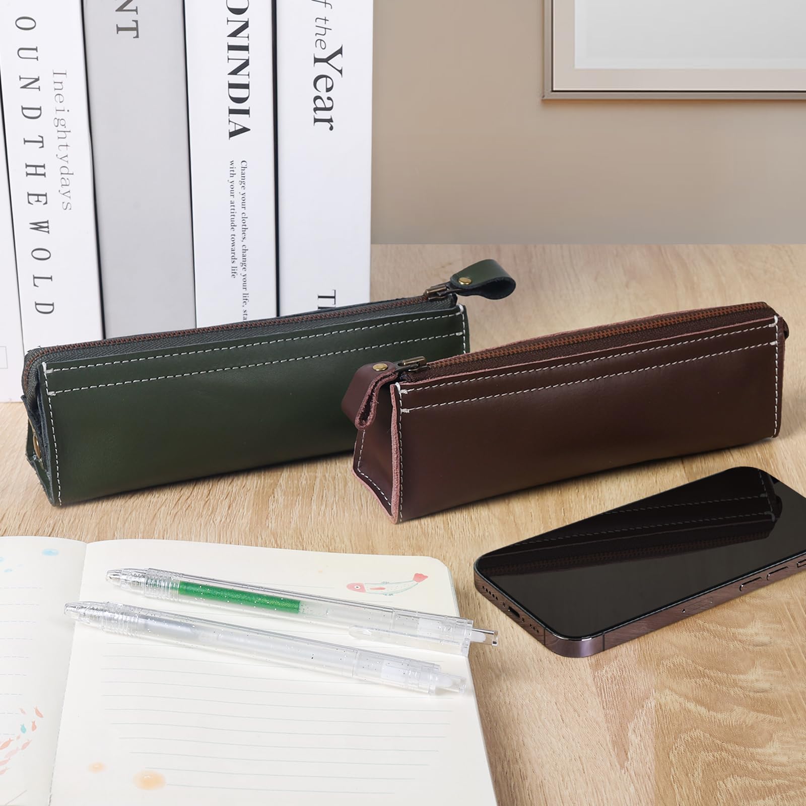 Asspring Genuine Leather Pencil Case Pouch Zipper Pencil Pouch,Stationery Bag Organizer,Makeup Cosmetic Pouch Women Men Adults