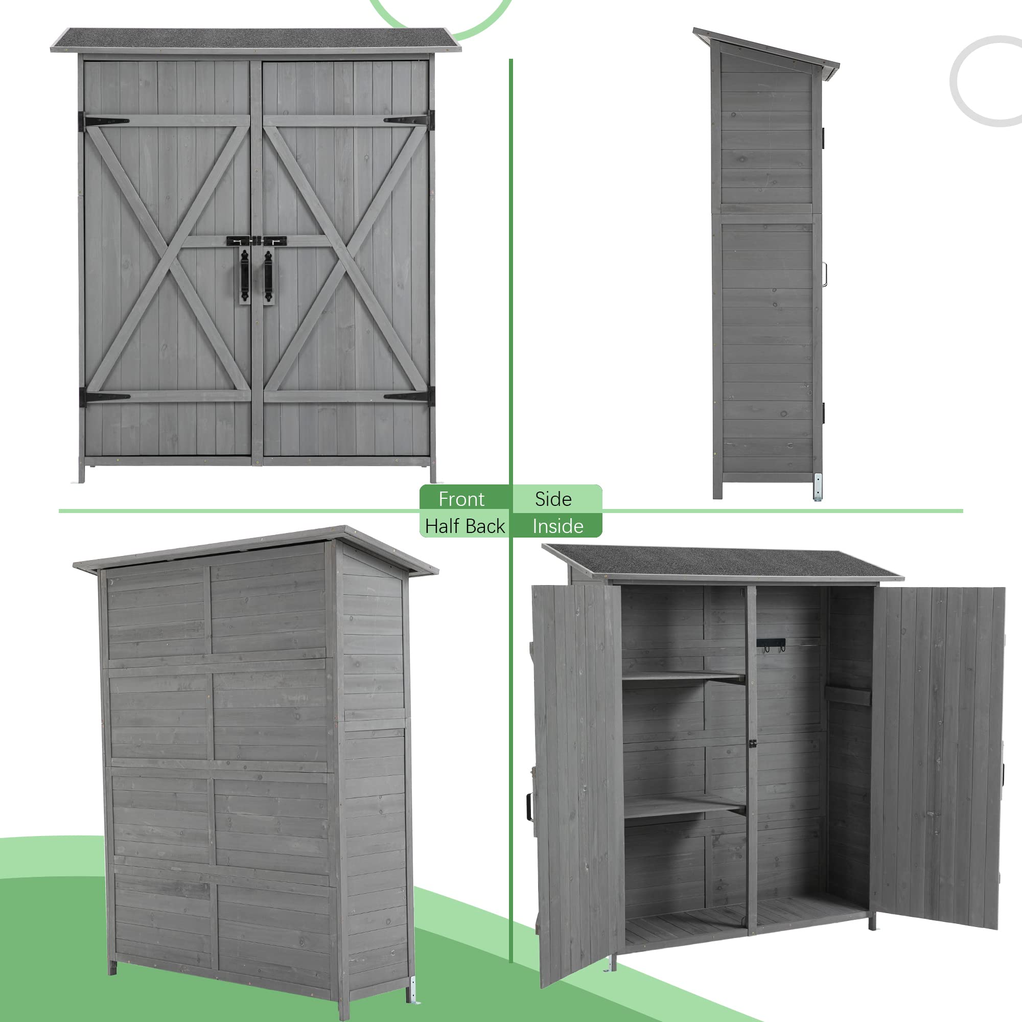 Tmsan Outdoor Storage Cabinet, Outside Wood Shed with Waterproof Roof & Detachable Shelves & Double Locks, Vertical Tool Storage Box for Patio, Garden, Backyard, Grey