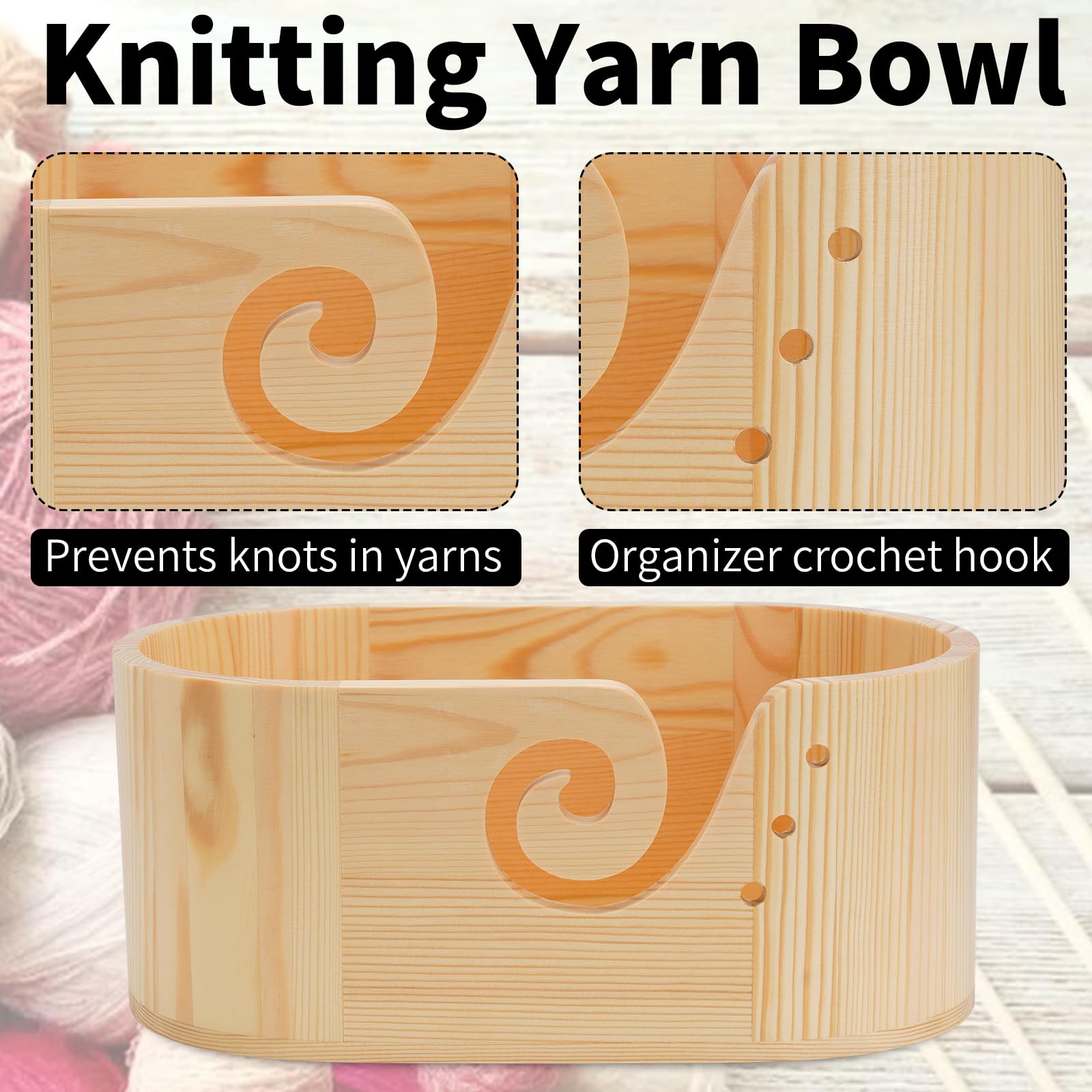 Knitting Yarn Bowl - Smooth Crochet Bowl Swirl Design - Wooden Yarn Bowl Large Size for Yarn skeins - Oval Wooden Bowl with Carved Holes Crochet Hook Rests - Portable Knitting Accessories