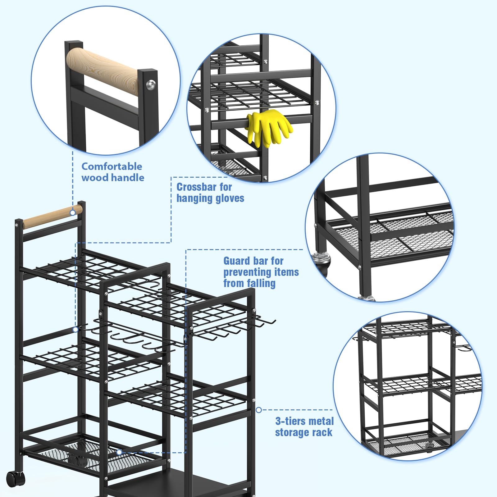 NADAMOO Large Garden Tool Organizer with Rolling Wheel, Metal Shelf Yard Tool Holder, 3-tier Utility Stand Rack for Garage Organization and Storage, Hold Long-Handled Rakes, Shovel, Broom