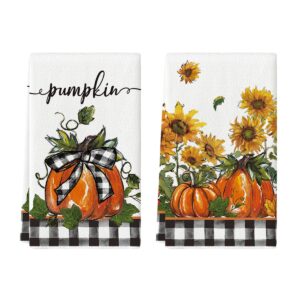 artoid mode buffalo plaid bowknot pumpkin fall kitchen towels dish towels, 18x26 inch farmhouse sunflower thanksgiving decoration hand towels set of 2