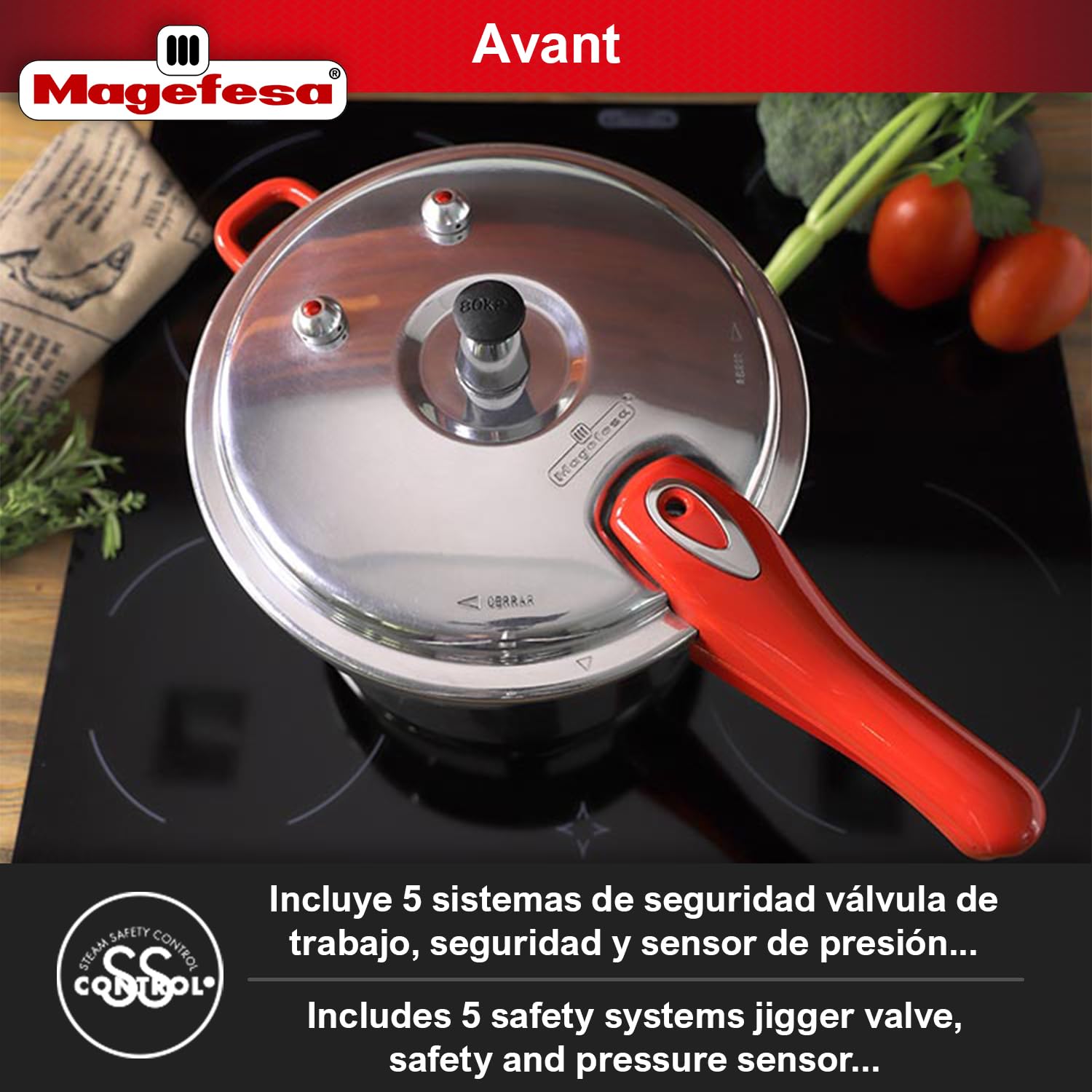 MAGEFESA ® Avant Red Pressure Cooker, 6.2 Quart, made of very resistant aluminum, compatible with gas, electric, ceramic stoves, pressure canner, canning cooker pot, stove top instant fast cooking