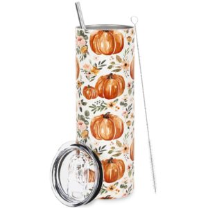 whaline fall tumbler with lid and straw watercolor pumpkin flower stainless steel cup autumn tumbler cup travel coffee mug for fall thanksgiving decor gift supplies