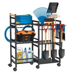 nadamoo large garden tool organizer with rolling wheel, metal shelf yard tool holder, 3-tier utility stand rack for garage organization and storage, hold long-handled rakes, shovel, broom