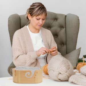 Knitting Yarn Bowl - Smooth Crochet Bowl Swirl Design - Wooden Yarn Bowl Large Size for Yarn skeins - Oval Wooden Bowl with Carved Holes Crochet Hook Rests - Portable Knitting Accessories