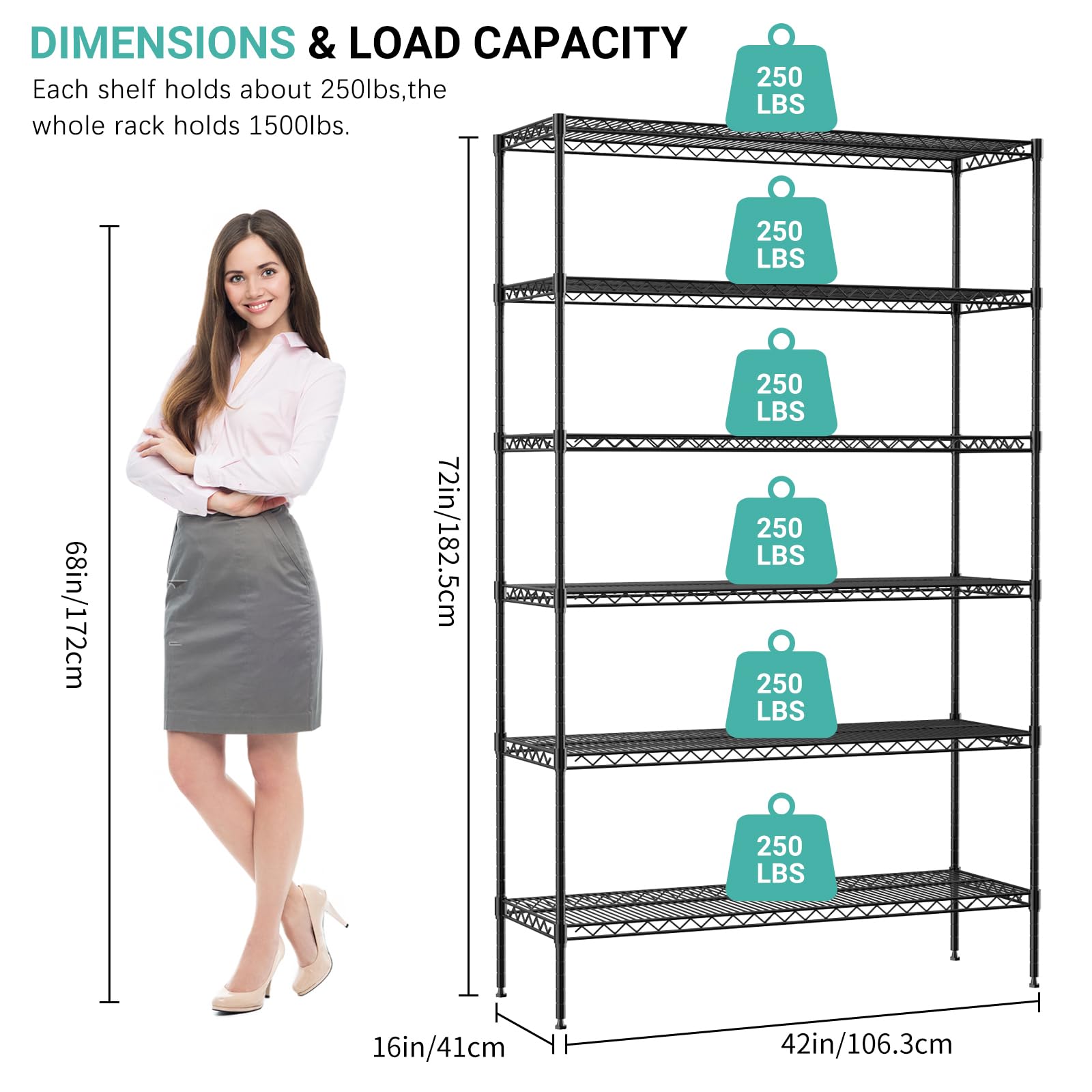 Lynkloft 6-Tier Wire Shelf 72" x 16" x 42" Metal Storage Shelves - Each Shelf Can Hold 250 Pounds - Adjustable Storage Racks NSF Wire Shelving Units for Basement Garage Kitchen, Black