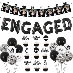 gothic engagement party decorations glitter skull diamond ring photo banner he asked she said yes cupcake toppers black engaged balloon banner for wedding engagement bridal shower party supplies