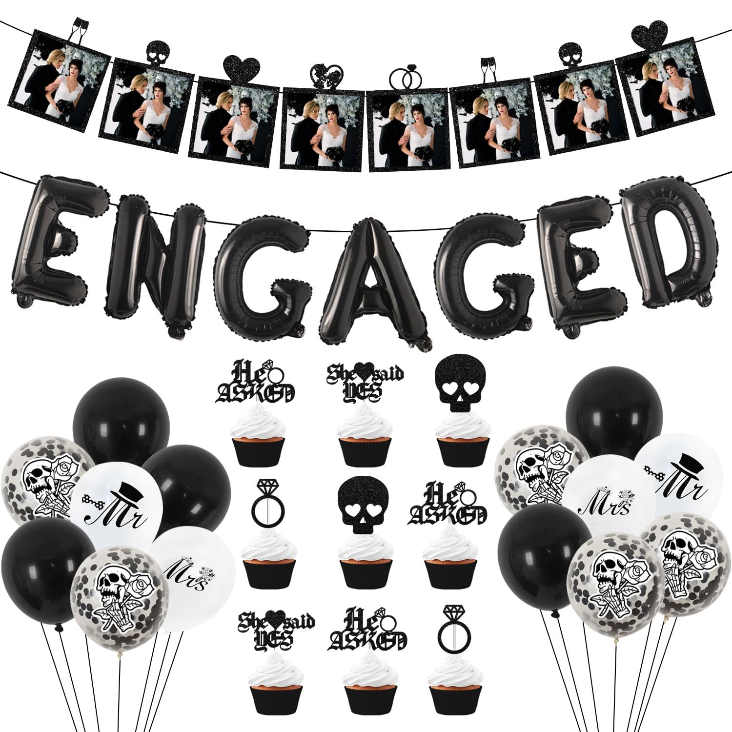 Gothic Engagement Party Decorations Glitter Skull Diamond Ring Photo Banner He Asked She Said Yes Cupcake Toppers Black Engaged Balloon Banner for Wedding Engagement Bridal Shower Party Supplies