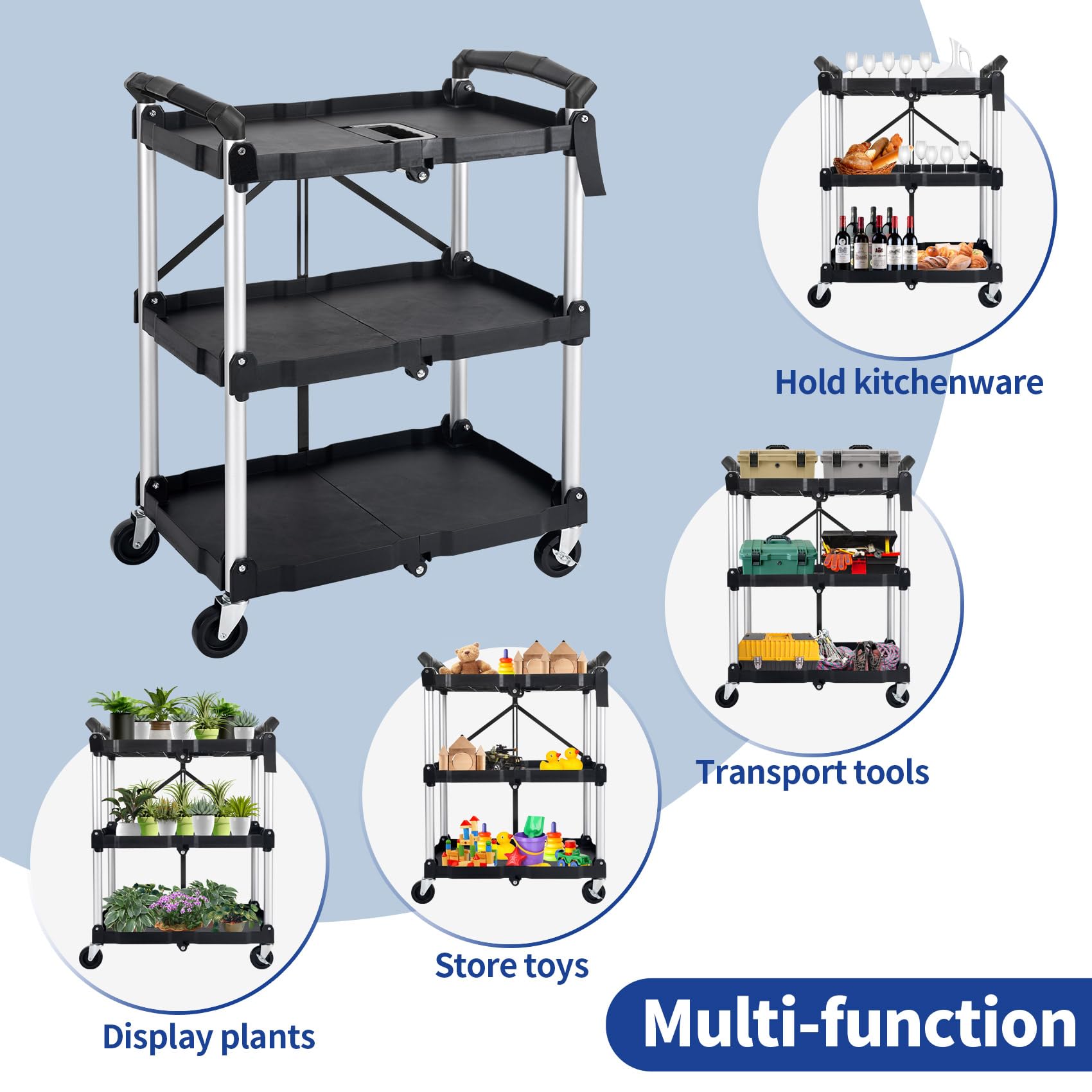 UNICOO Foldable Plastic Utility Cart, Heavy Duty, 3-Tier Rolling Service Cart with Lockable & Silent Wheels, Anti-Rust & Easy Clean for Restaurant, Office, Garage & More, 25.6x15.7x33.5 (Black)