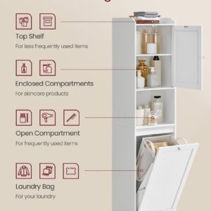 VASAGLE Tall Bathroom Cabinet with Laundry Basket, Removable Laundry Basket with Handles, Compartment with Door, Linen Tower, 15.8 x 15.8 x 66.9 Inches, Cloud White UBBC761W01