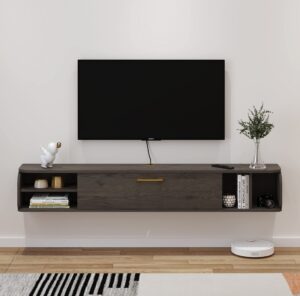 bixiaomei floating tv unit, 47'' wall mounted tv cabinet, floating shelves with 4 cabinets, wooden entertainment media console center large storage tv bench for living room & office (47in, dark grey)