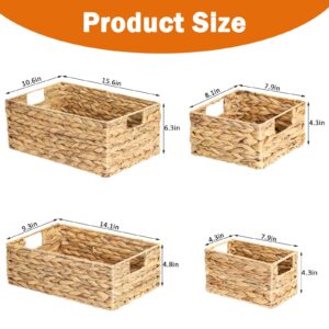 LIANTRAL Wicker Baskets for Organizing 4 Pack, Small Woven Baskets for Shelves, Decorative Water Hyacinth Baskets with Handles, Rattan Basket for Shelf.