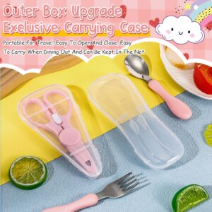 Jingmore 3 Pieces Toddler Utensils with Case 1 Pcs Toddler Fork and Spoon 1 Pcs Baby Food Scissor with Safety Lock Stainless Steel Baby Silverware Set Toddler Travel Essential for Safe Dining (Pink)