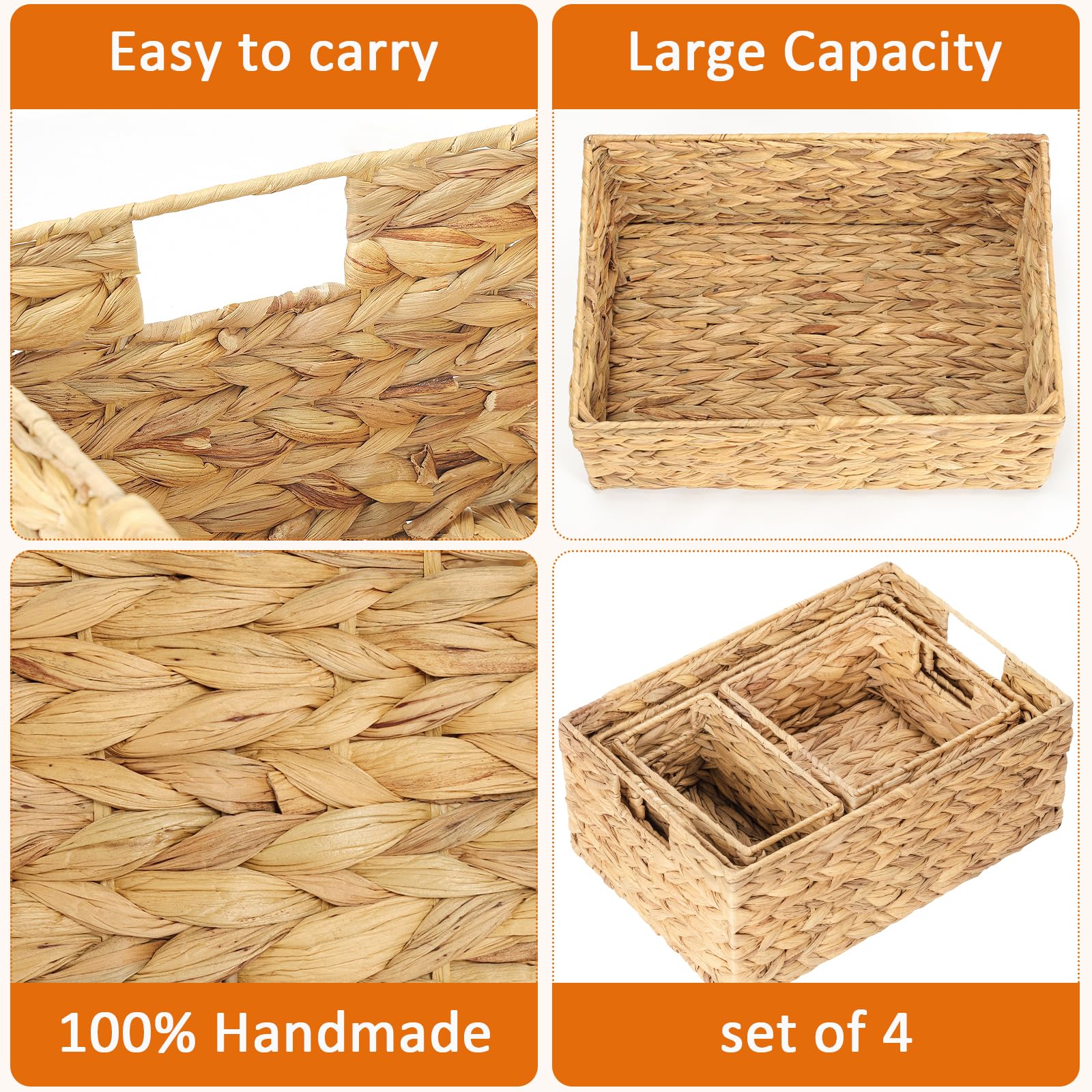 LIANTRAL Wicker Baskets for Organizing 4 Pack, Small Woven Baskets for Shelves, Decorative Water Hyacinth Baskets with Handles, Rattan Basket for Shelf.