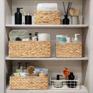 LIANTRAL Wicker Baskets for Organizing 4 Pack, Small Woven Baskets for Shelves, Decorative Water Hyacinth Baskets with Handles, Rattan Basket for Shelf.