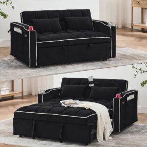 bellemave foldable sofa bed with phone holder, pull out velvet loveseat sleeper with 2 usb charging ports, modern futon couch with cup holders and adjustable backrest, for living room, black