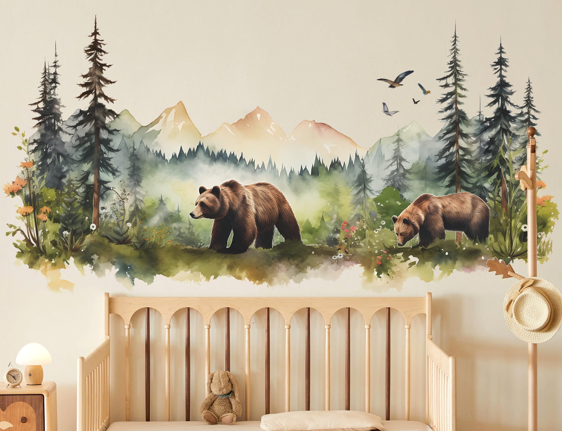 RAINBOW WSK Large Jungle Animals Wall Decals Forest Tree Wall Decal Peel and Stick Woodland Bear Fox Deer Wall Stickers Giant Mountain Wall Art for Bedroom Nursery Room FX-C432