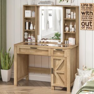 usikey farmhouse makeup vanity desk with mirror and lights, glass tabletop makeup vanity with adjustable shelves, vanity table set with 2 drawers and side cabinet for bedroom, maple