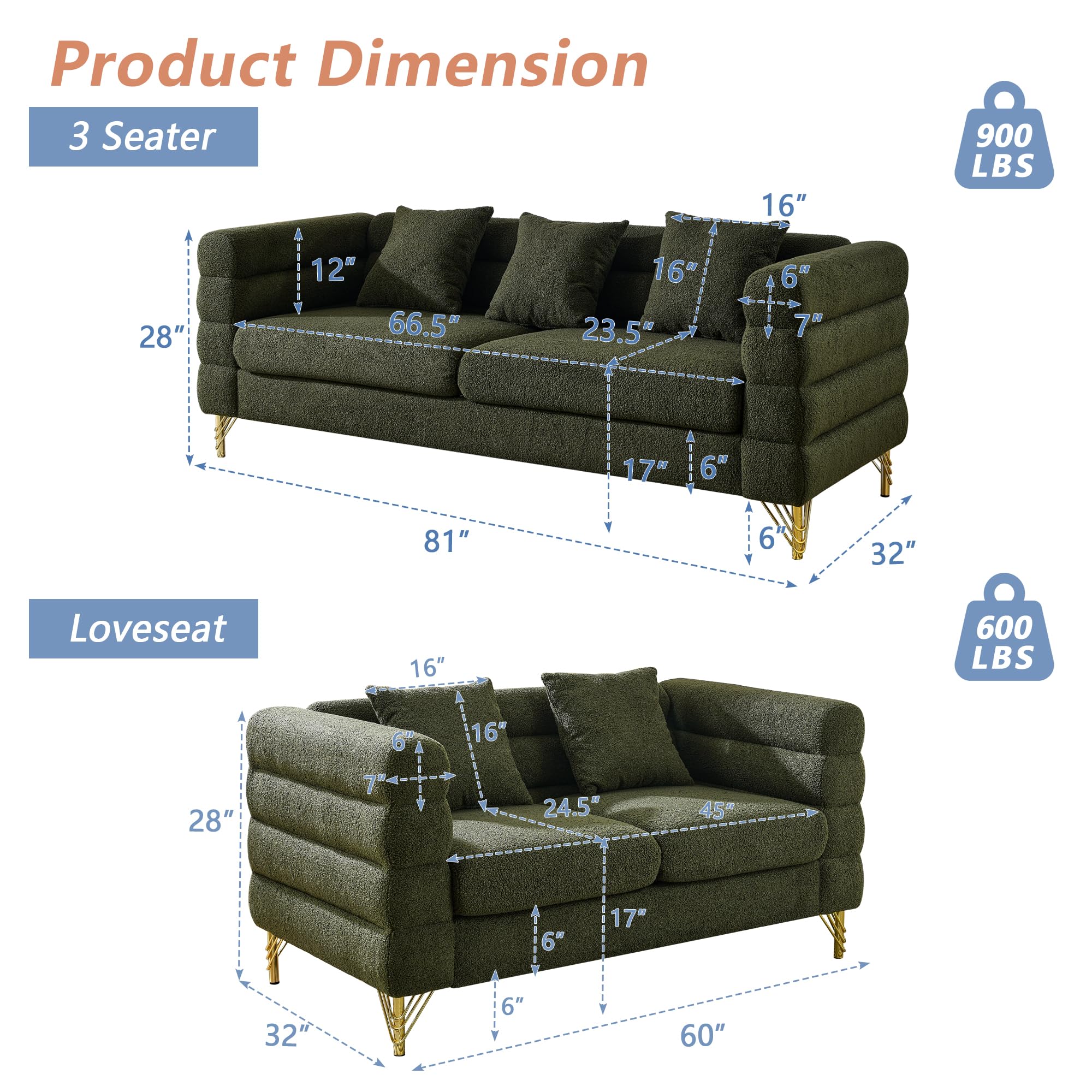 mikibama Luxury Teddy Sofa Set for Living Room, Modern Decor Furniture Sectional Sofa, 3 Seater Couch and Loveseat with 5 Pillows for Apartment, Office, Hall (Green)