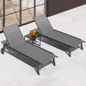 yitahome outdoor chaise lounge chairs set with side table, 3 pieces adjustable backrest poolside loungers with aluminum frame/textilene fabric/wheels for pool beach patio lawn porch (gray)