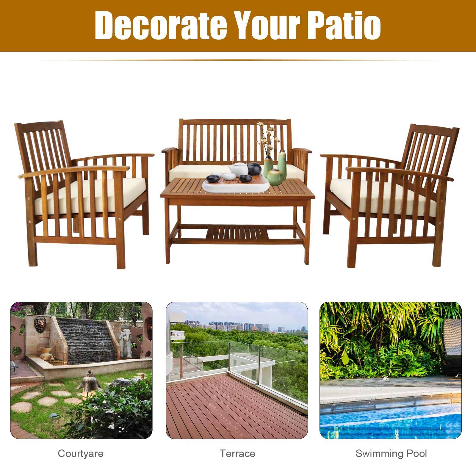 VINGLI Outdoor Patio Furniture, 4 Piece Acacia Wood Sofa Set w/Coffee Table, Patio Table and Chairs Set, Outdoor Patio Lounge Conversation Set for Deck, Backyard, Balcony