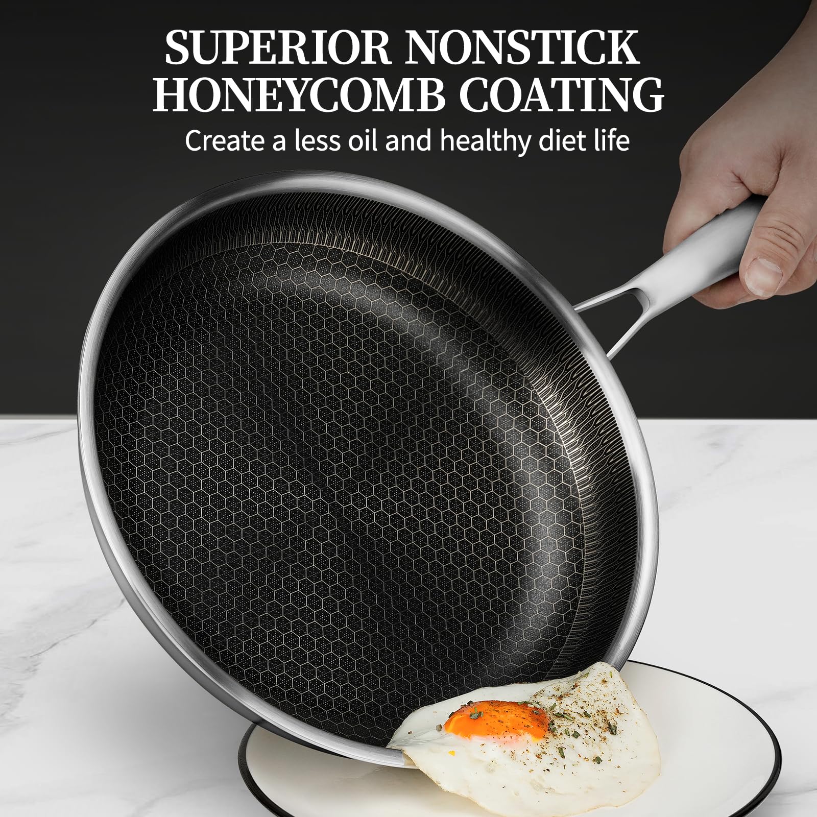 Stainless Steel Frying Pan with Lid, 8 Inch Honeycomb Non Stick Frying Pan, Small Stainless Steel Non Stick Pans W/Lid, Safe Nonstick Skillet Egg Omelete Pan, Oven Safe, Induction Compatible,PFOA Free