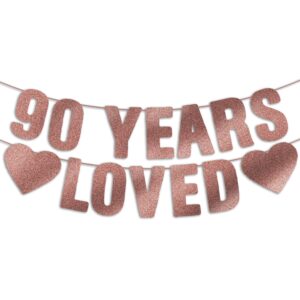 junyruny 90th birthday banner, 90 years loved rose gold glitter banner, 90th birthday decorations for her, 90th birthday decorations for women, happy 90th birthday sign, gift, party decor