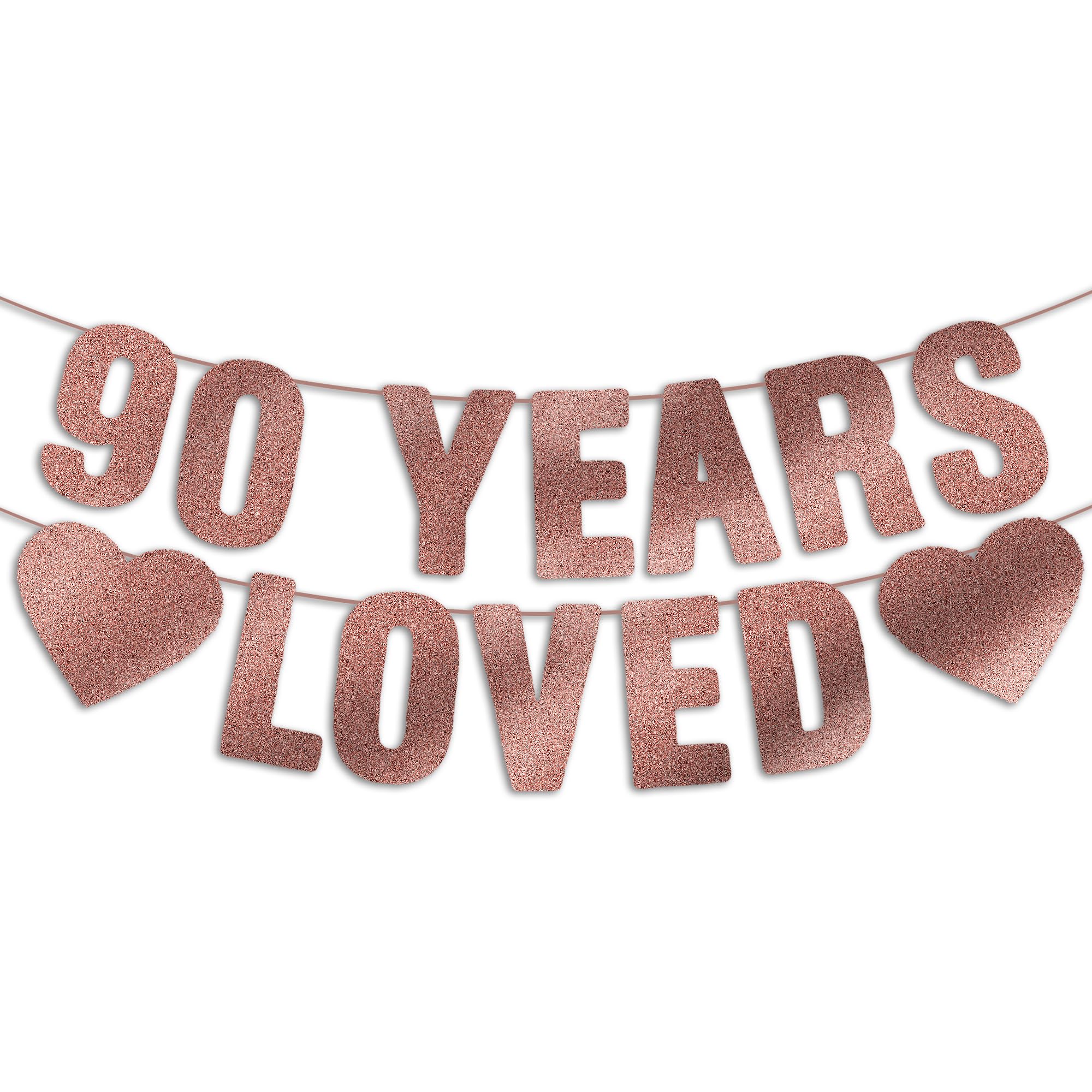 JunyRuny 90th Birthday Banner, 90 Years Loved Rose Gold Glitter Banner, 90th Birthday Decorations for Her, 90th Birthday Decorations for Women, Happy 90th Birthday Sign, Gift, Party Decor