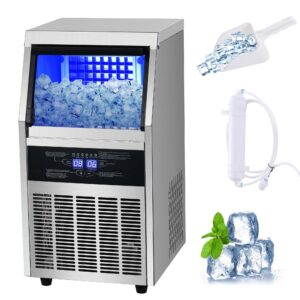 commercial ice maker machine, 90lbs/24h ice maker, stainless steel freestanding/under counter ice machine with 25lbs bin, 45 ice cubes, self-cleaning, scoop, ideal for home bar offices