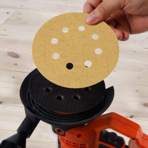 Mestool 5-Inch 8-Hole Hook and Loop Gold Sanding Discs, Box of 50 Sandpaper Include 60 80 120 150 and 220 Grits