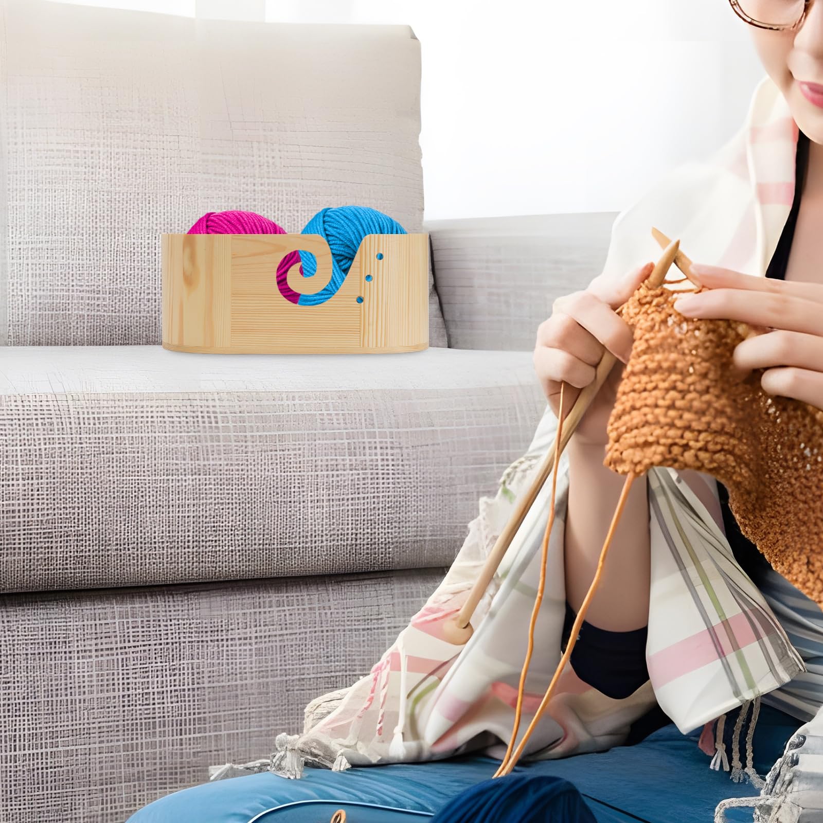 Knitting Yarn Bowl - Smooth Crochet Bowl Swirl Design - Wooden Yarn Bowl Large Size for Yarn skeins - Oval Wooden Bowl with Carved Holes Crochet Hook Rests - Portable Knitting Accessories