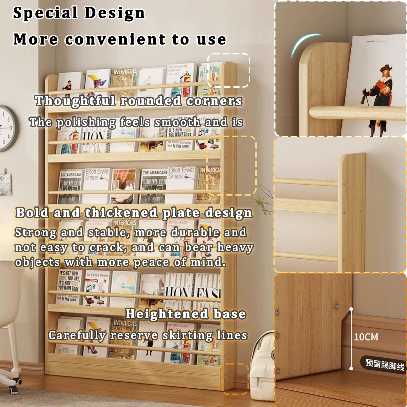 Floor Bookcases Display Racks Tall Thin 10cm Standing 2-8 Tier Bookshelves Wood Frame Behind The Door Open Storage Rack Shelf Book Shelf for Bedroom, Living Room, Home Office