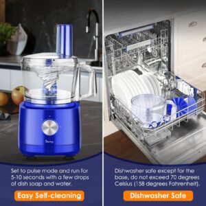 Davivy Food Processor 7 Cup,Built-in Storage Drawer Small Food Processor with 10 set blades,French fry cutting,Wavy slicing for Home Use,3-Speed, Blue,600W