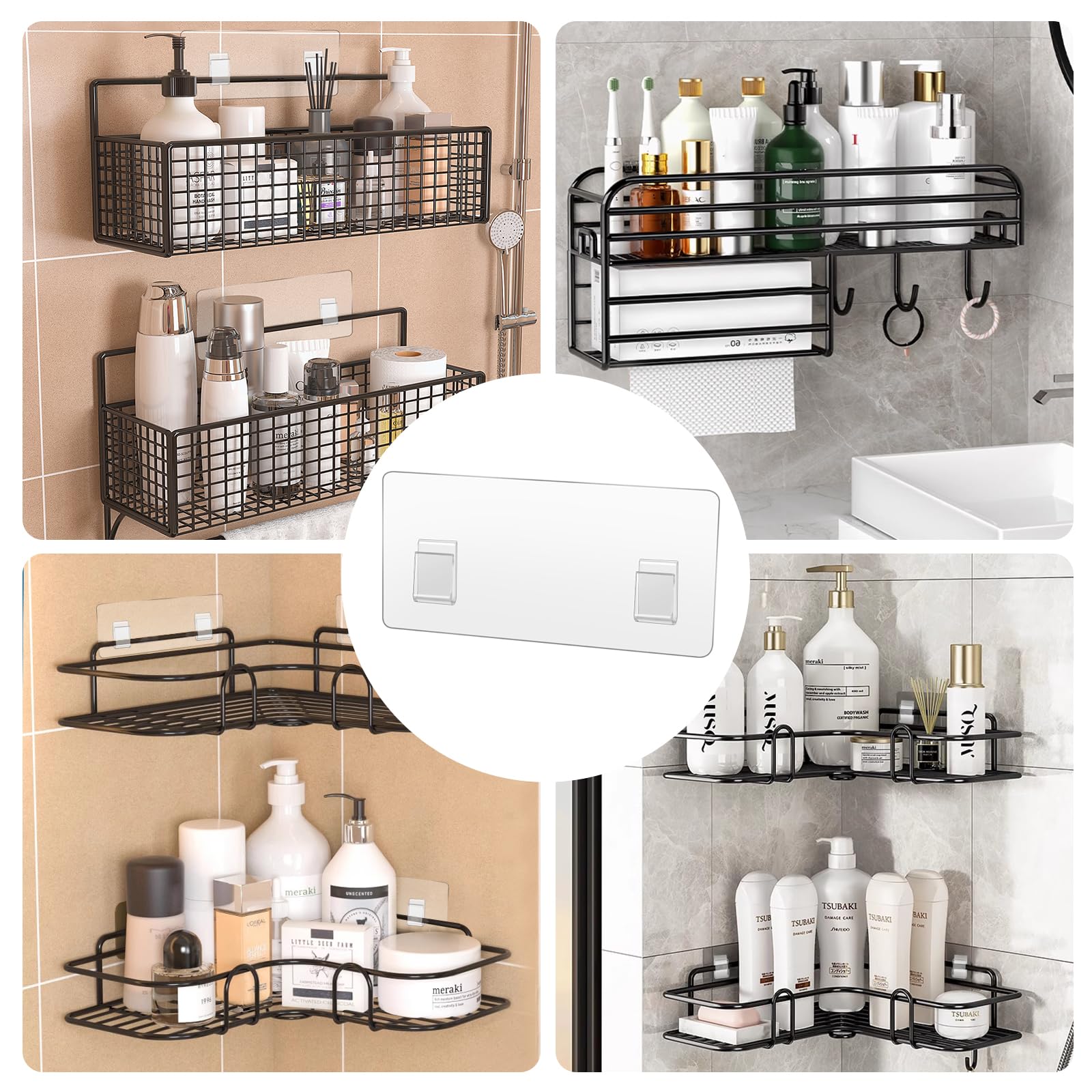 Aster 8 Pack Adhesive for Shower Caddy Adhesive Replacement, Clear Strong Shower Adhesive Strips, No Drilling Waterproof Wall Hooks for Corner Shower Caddy, Bathroom Storage Shelves and Kitchen Racks