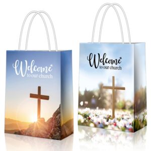 yhntgb 12pcs church welcome bags with handles welcome to our church gift bags religious gift bags for church guest baptism bulk hotel birthday church theme party supplies 5.9 x 3.15 x 8.27inch 2 types