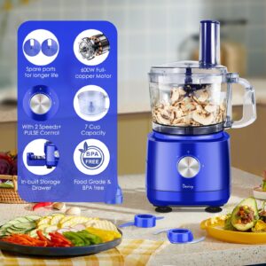 Davivy Food Processor 7 Cup,Built-in Storage Drawer Small Food Processor with 10 set blades,French fry cutting,Wavy slicing for Home Use,3-Speed, Blue,600W